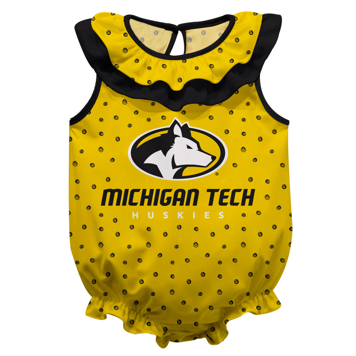 Michigan Tech Huskies MTU Swirls Gold Sleeveless Ruffle One Piece Jump