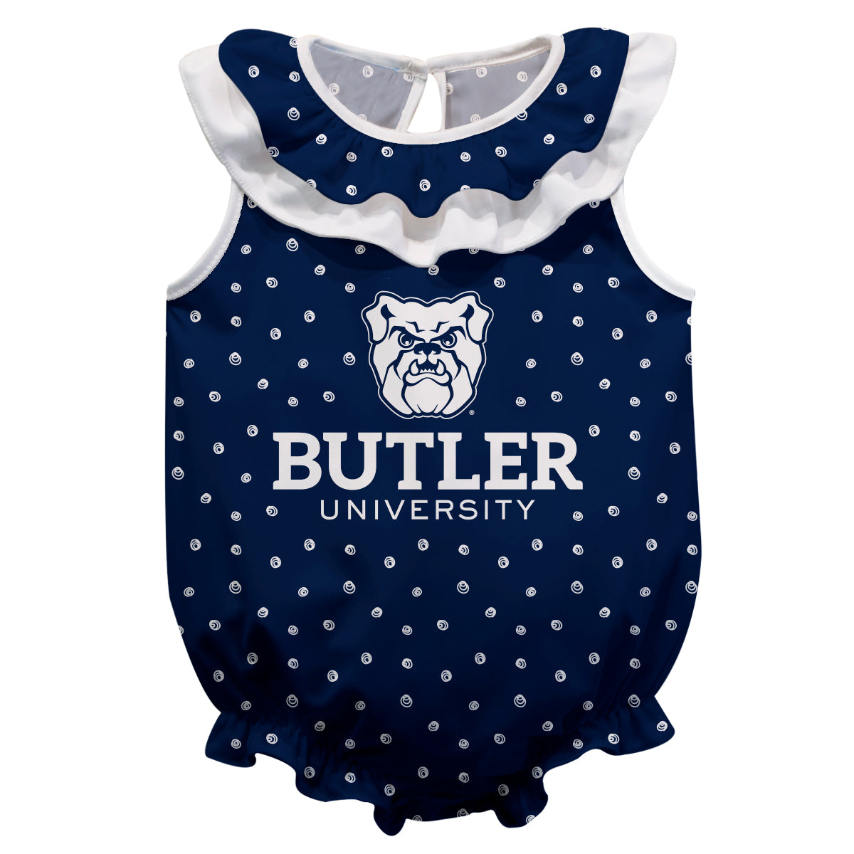 Butler Bulldogs Swirls Navy Sleeveless Ruffle One Piece Jumpsuit Logo