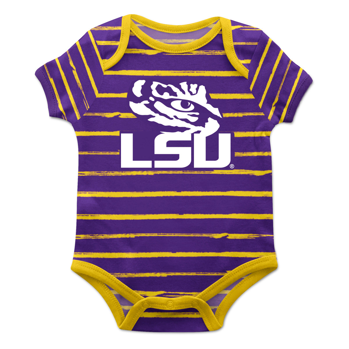 LSU Stripe Purple and Gold Boys One Piece Jumpsuit Short Sleeve by Viv