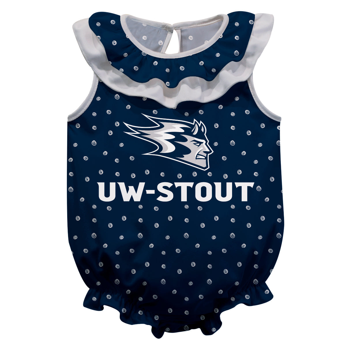 UW Wisconsing Stout Blue Devils Swirls Navy Sleeveless Ruffle One Piec